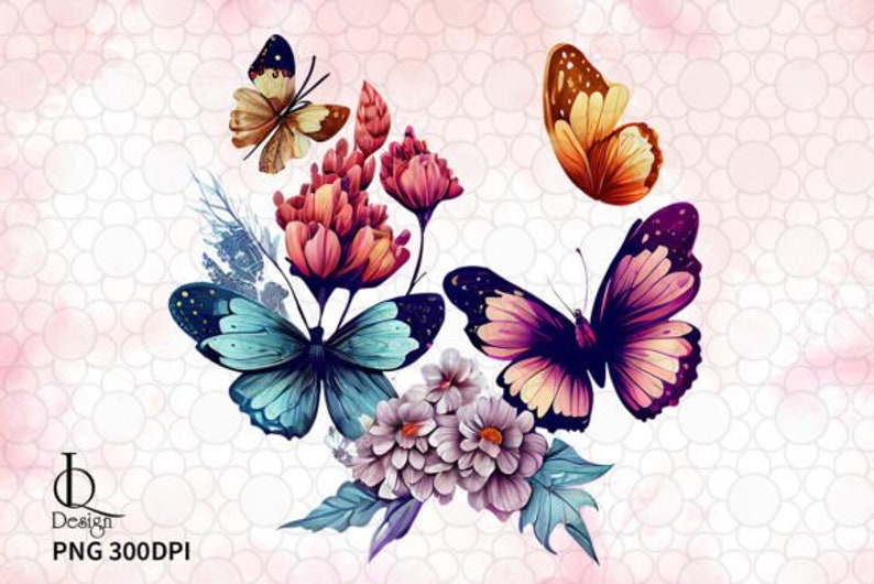 Retro Butterflies and Flowers Watercolor Clipart, Watercolor Spring ...