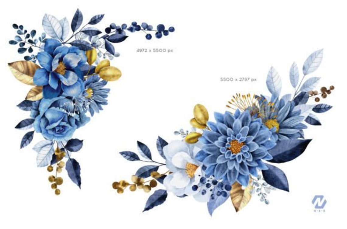 Navy Blue Flower and Gold Watercolor Bouquets, Watercolor Florals ...