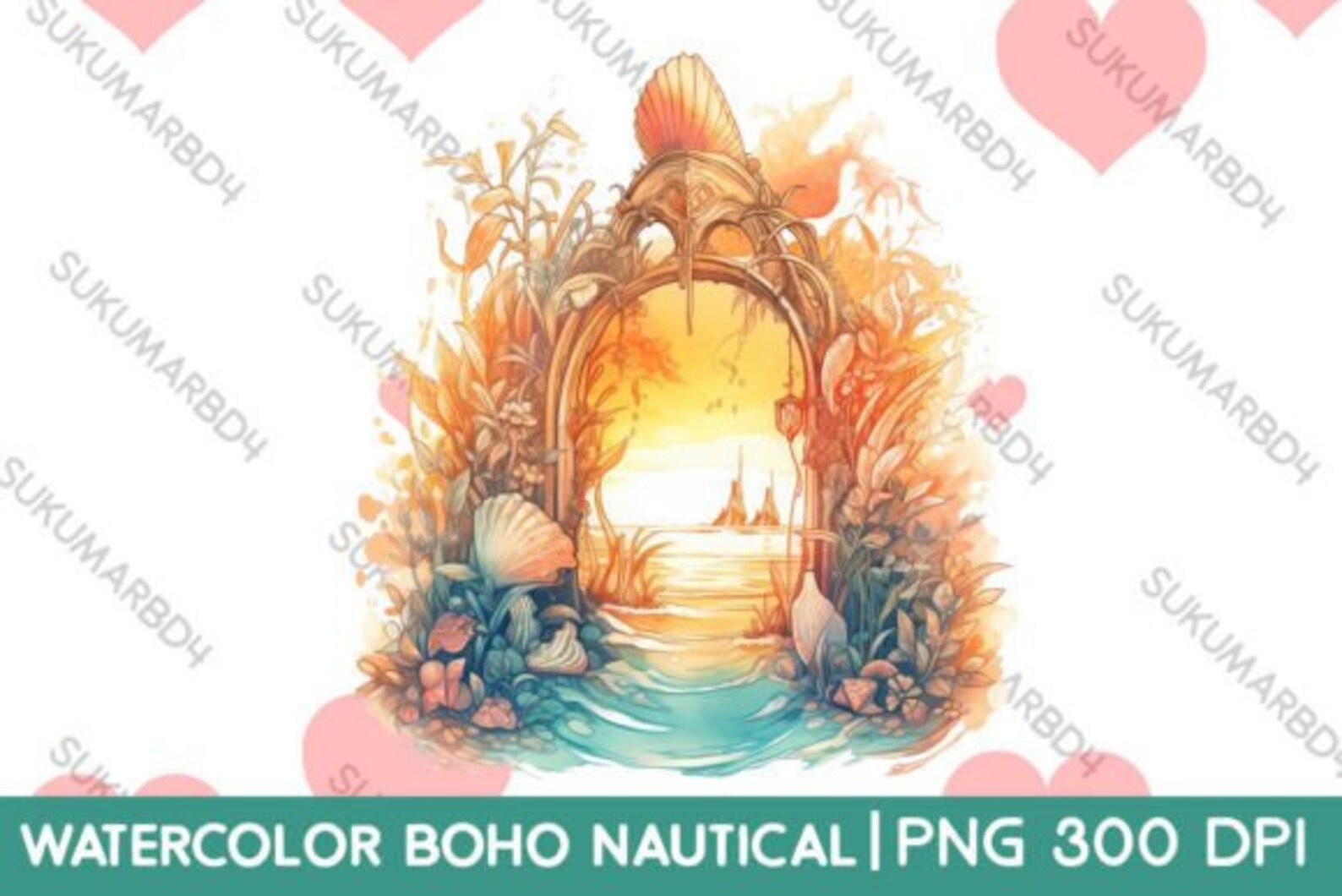 Watercolor Boho Nautical Clipart, Coastal Clip Art, Boho Wedding ...