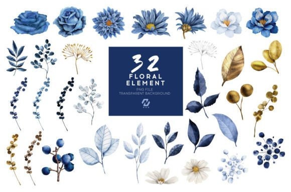 Navy Blue Flower and Gold Watercolor Seamless Pattern, Floral Seamless ...