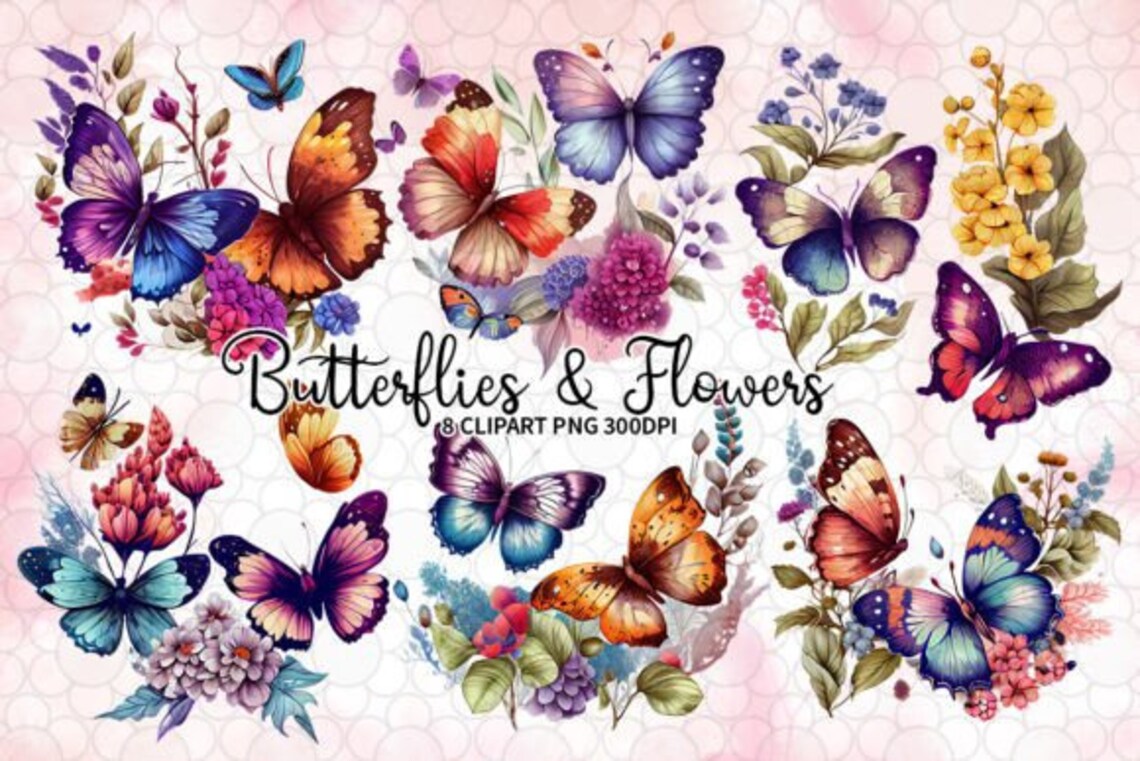 Retro Butterflies and Flowers Watercolor Clipart, Watercolor Spring ...