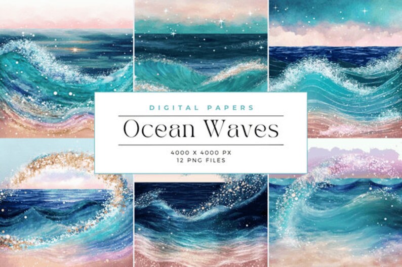 Watercolor Ocean Waves Digital Paper, Printable Watercolor Digital Art ...