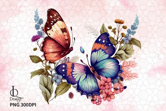 Retro Butterflies and Flowers Watercolor Clipart, Watercolor Spring ...