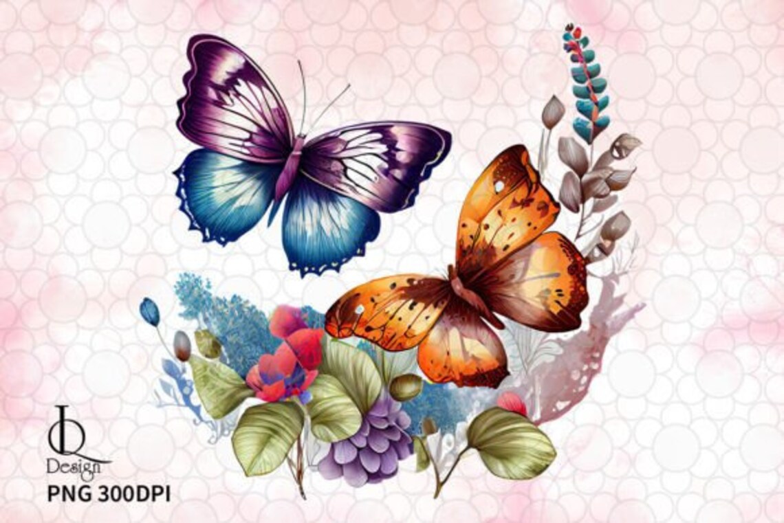 Retro Butterflies and Flowers Watercolor Clipart, Watercolor Spring ...