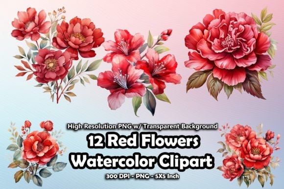12 Red Flowers Watercolor Clipart PNG, Floral Clipart, Red Flowers PNG ...