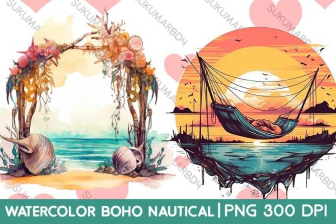 Watercolor Boho Nautical Clipart, Coastal Clip Art, Boho Wedding ...