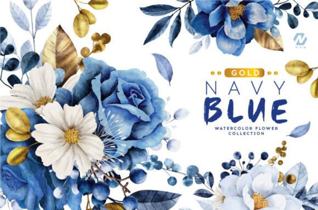 Navy Blue Flower and Gold Watercolor Seamless Pattern, Floral Seamless ...