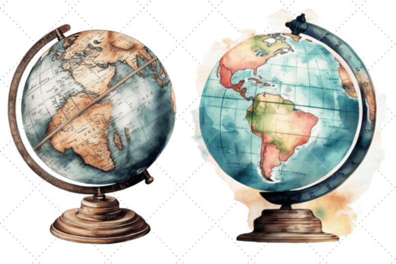 Retro Globe Watercolor Clipart, Watercolor Globes, Globe Clipart, Instant Download - Etsy