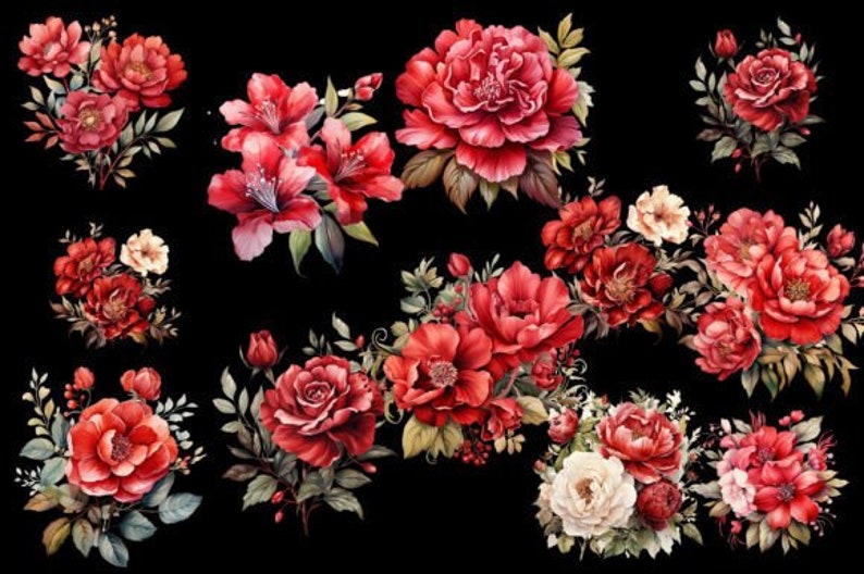 12 Red Flowers Watercolor Clipart PNG, Floral Clipart, Red Flowers PNG ...