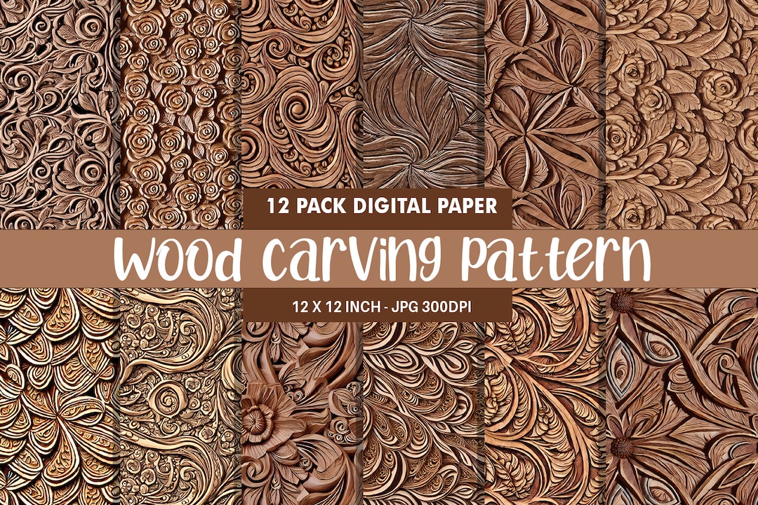 Wood Carving Pattern Digital Paper, Printable Digital Paper, Wooden ...