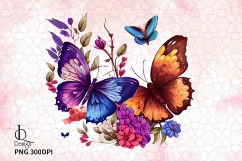 Retro Butterflies and Flowers Watercolor Clipart, Watercolor Spring ...