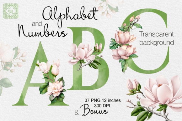 Alphabet and Numbers Watercolor PNG, 26 Floral Letters Clipart, 1 to 9 ...