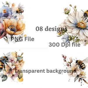 Watercolor Bee Flowers Clipart, Spring Flowers Clipart, Transparent ...
