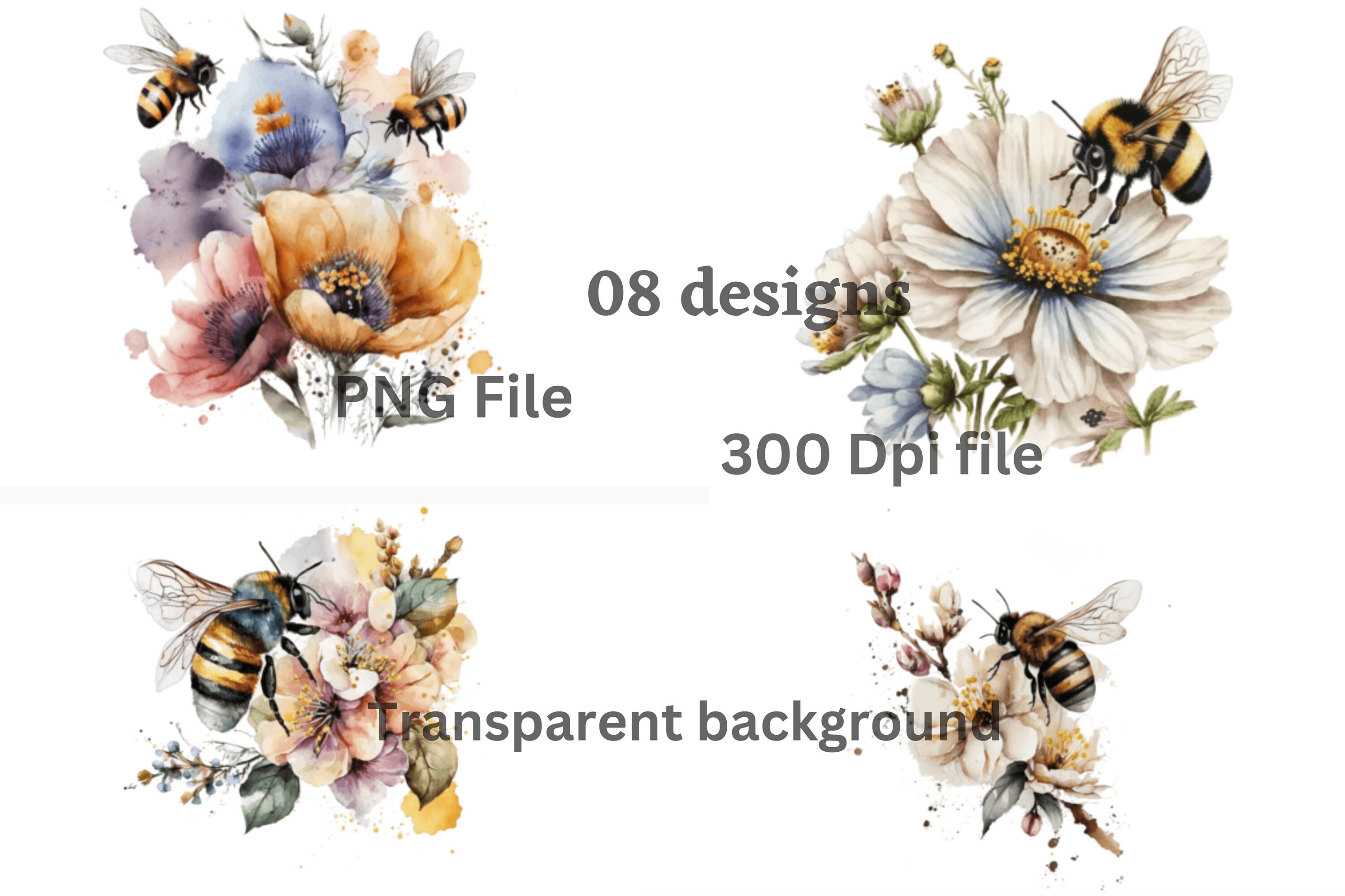 Watercolor Bee Flowers Clipart, Spring Flowers Clipart, Transparent ...
