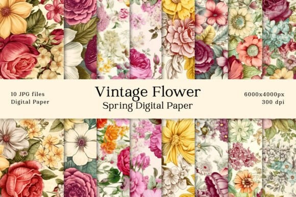 Vintage Spring Flower Digital Paper, Printable Papers, Spring Digital ...