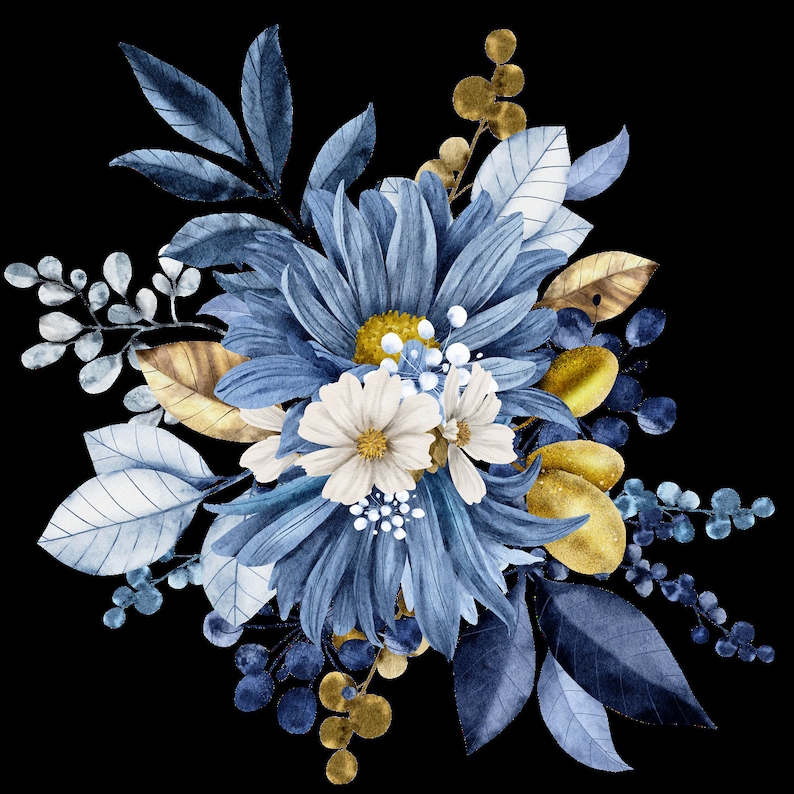 Navy Blue Flower and Gold Watercolor Bouquets Watercolor - Etsy