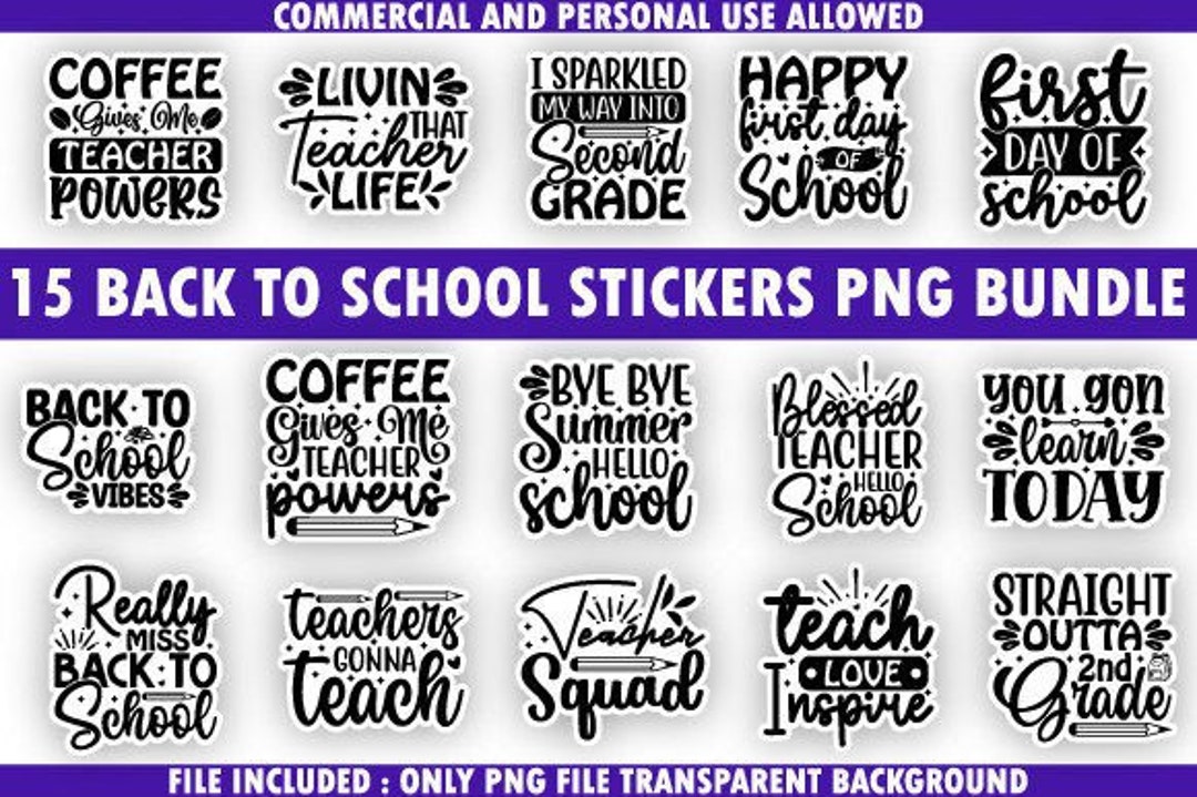 Back to School Sticker PNG Bundle, School Supplies, Printable ...
