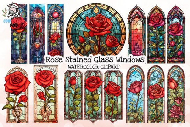 Rose Stained Glass Windows Watercolor Clipart, Rose Watercolor, Flower ...