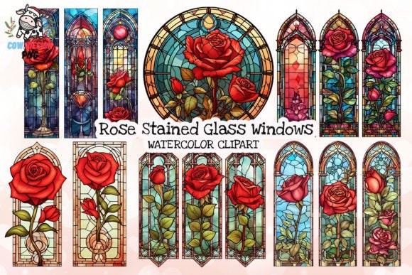 Rose Stained Glass Windows Watercolor Clipart, Rose Watercolor, Flower ...