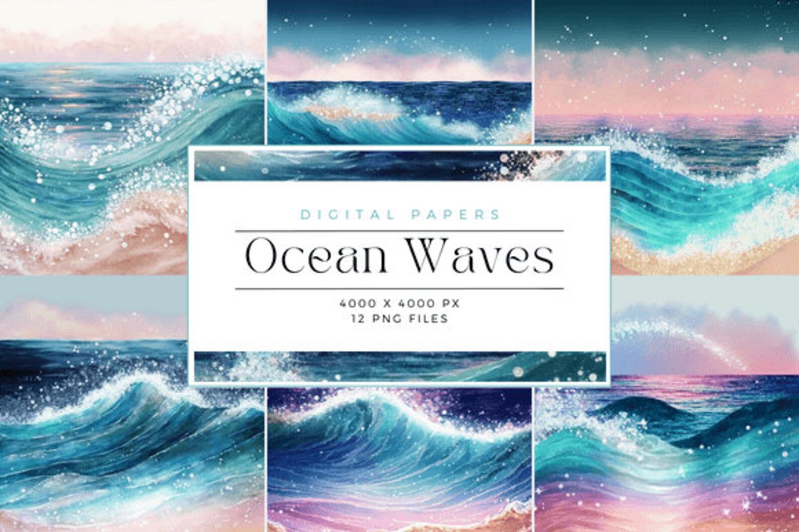 Watercolor Ocean Waves Digital Paper, Printable Watercolor Digital Art ...