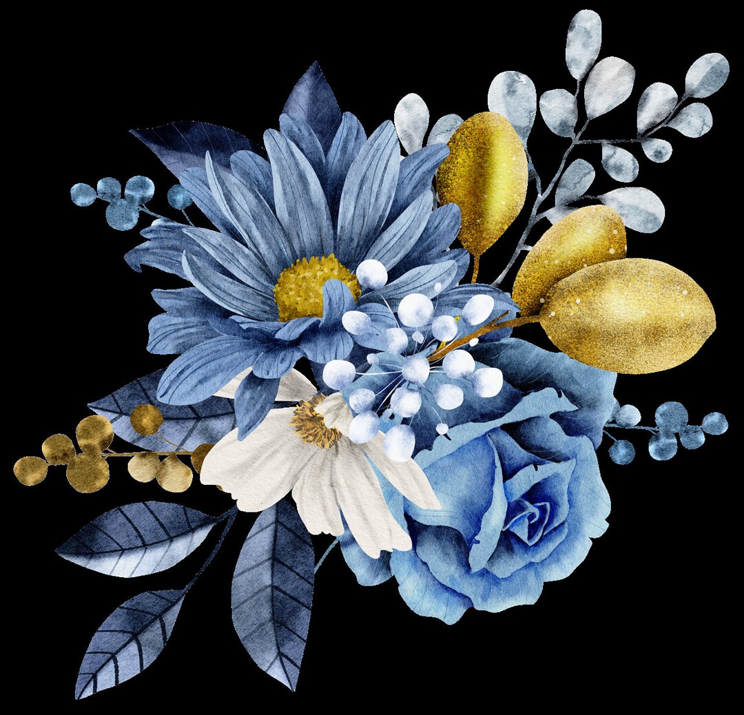 Navy Blue Flower and Gold Watercolor Bouquets Watercolor - Etsy