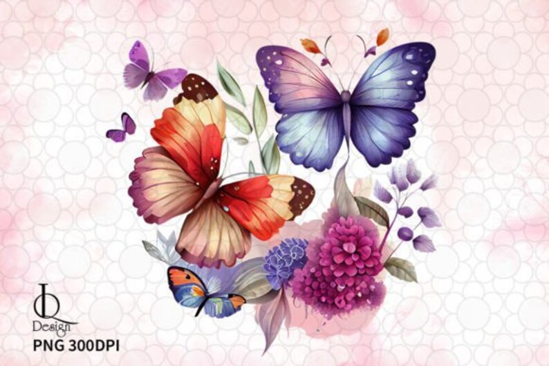 Retro Butterflies and Flowers Watercolor Clipart, Watercolor Spring ...