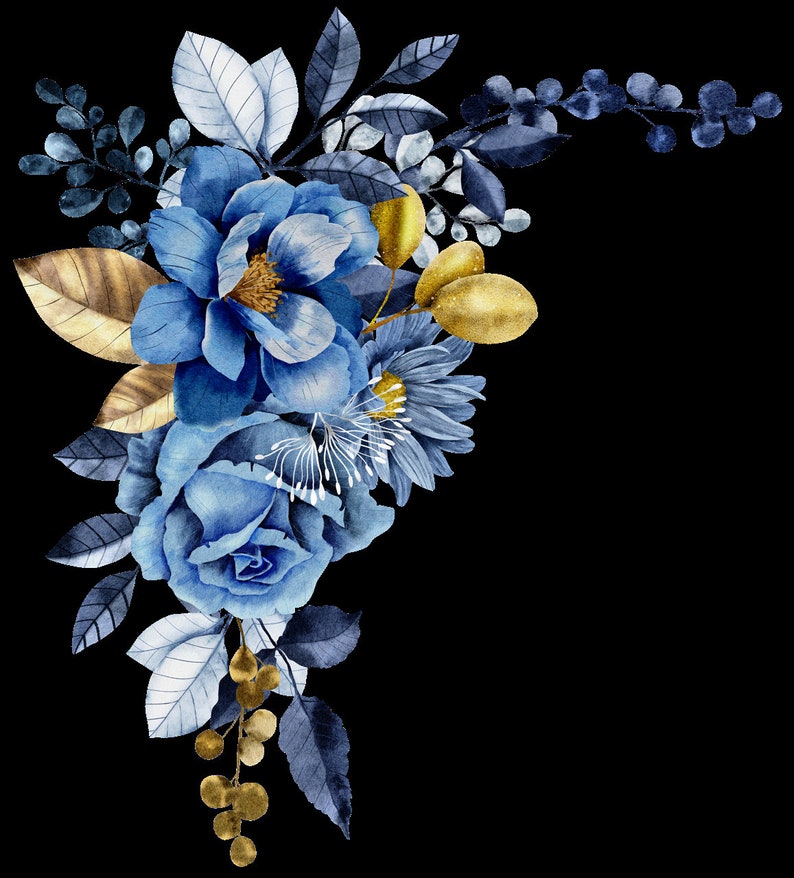 Navy Blue Flower and Gold Watercolor Bouquets Watercolor - Etsy