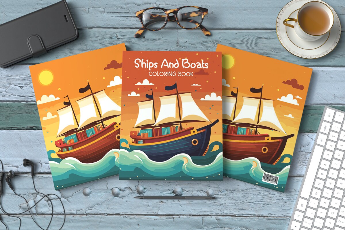 Ships and Boats Coloring Book Cover for Kdp, Vehicles Book Tamplate ...