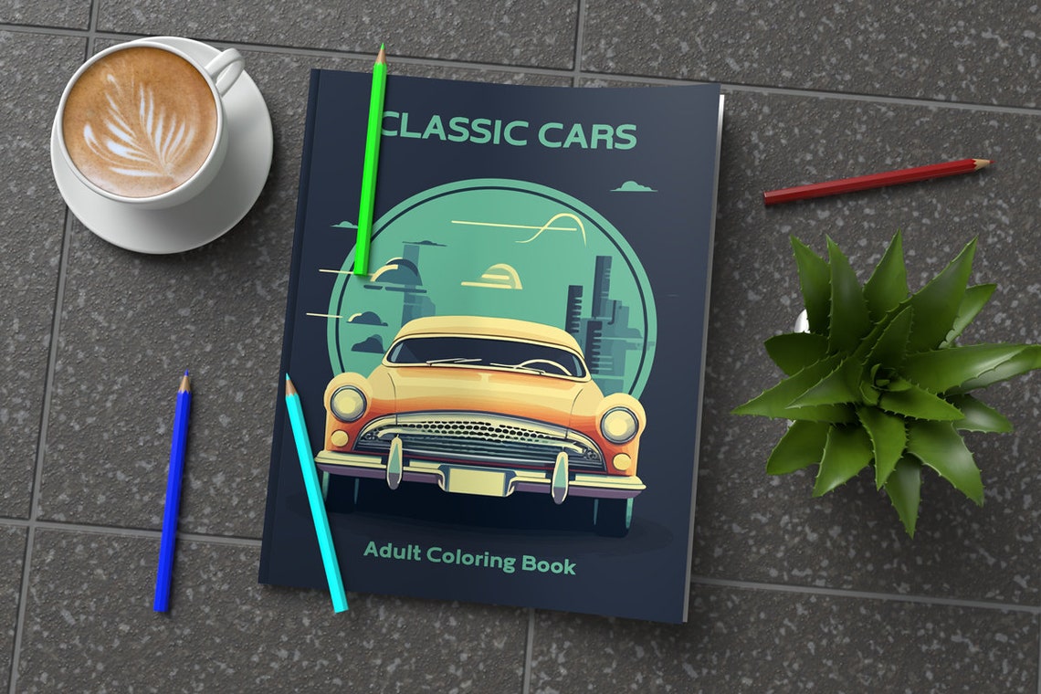 Classic Cars Adult Coloring Book Cover, Car Book Cover, Vintage Car ...