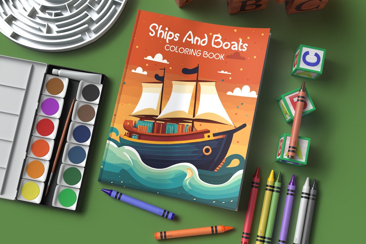 Ships and Boats Coloring Book Cover for Kdp, Vehicles Book Tamplate ...