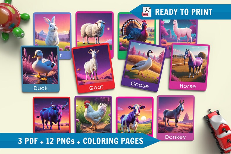 Flashcards Farm Animals, Colorful Farm Animal Flashcards for Teaching ...