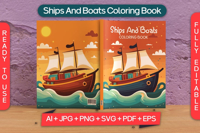 Ships and Boats Coloring Book Cover for Kdp, Vehicles Book Tamplate ...