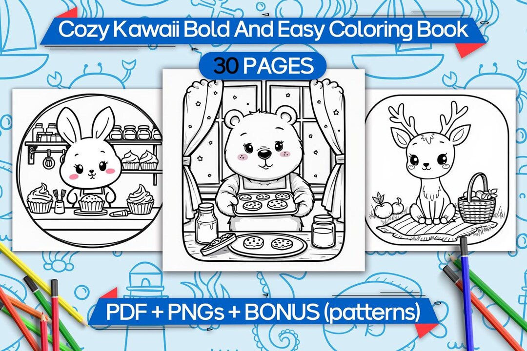 Cozy Kawaii Bold and Easy Coloring Pages, Cute Digital Coloring Book ...