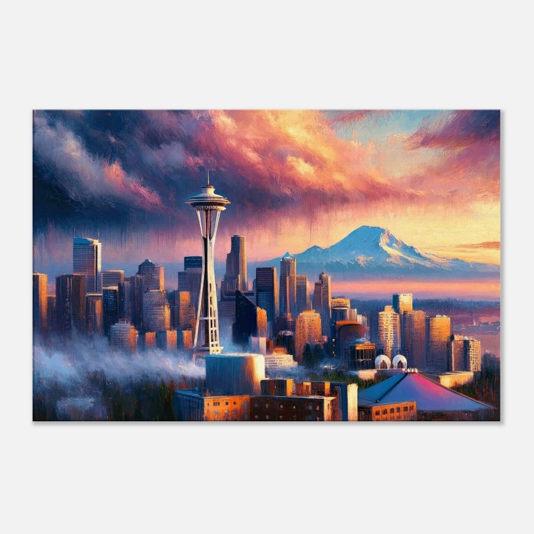 Seattle Skyline at Sunset | Framed Canvas Wall Art | Impressionist ...