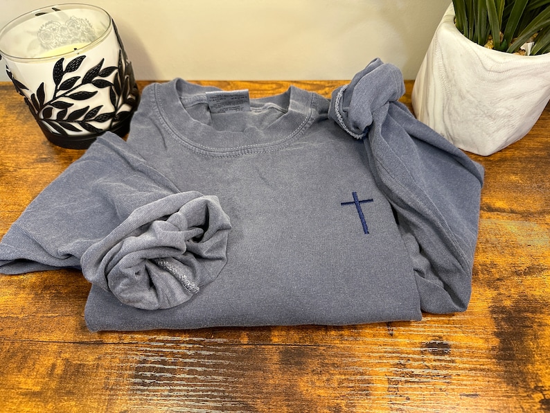 Cross Embroidered Long Sleeve Shirt, Comfort Color, Christian Clothing ...