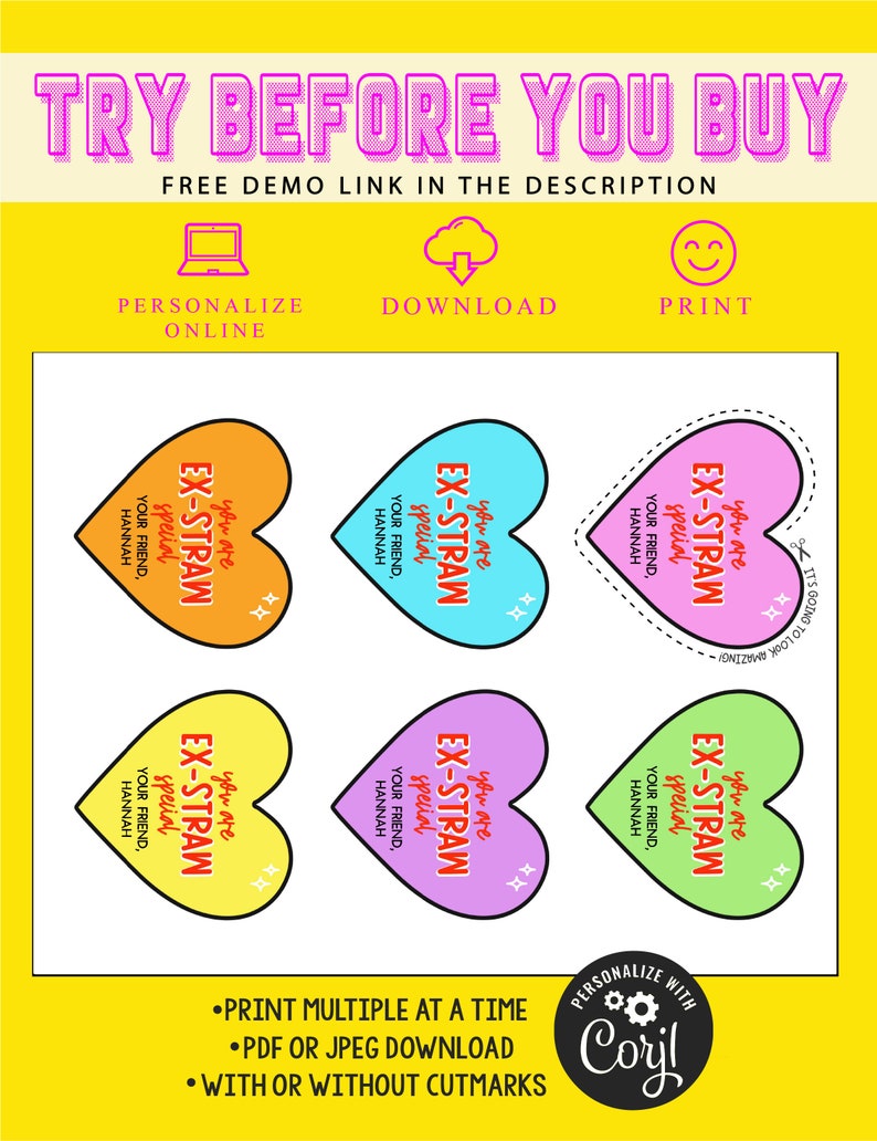 Editable Crazy Straw Tags, Valentine Cards for Kids School, You're Ex ...