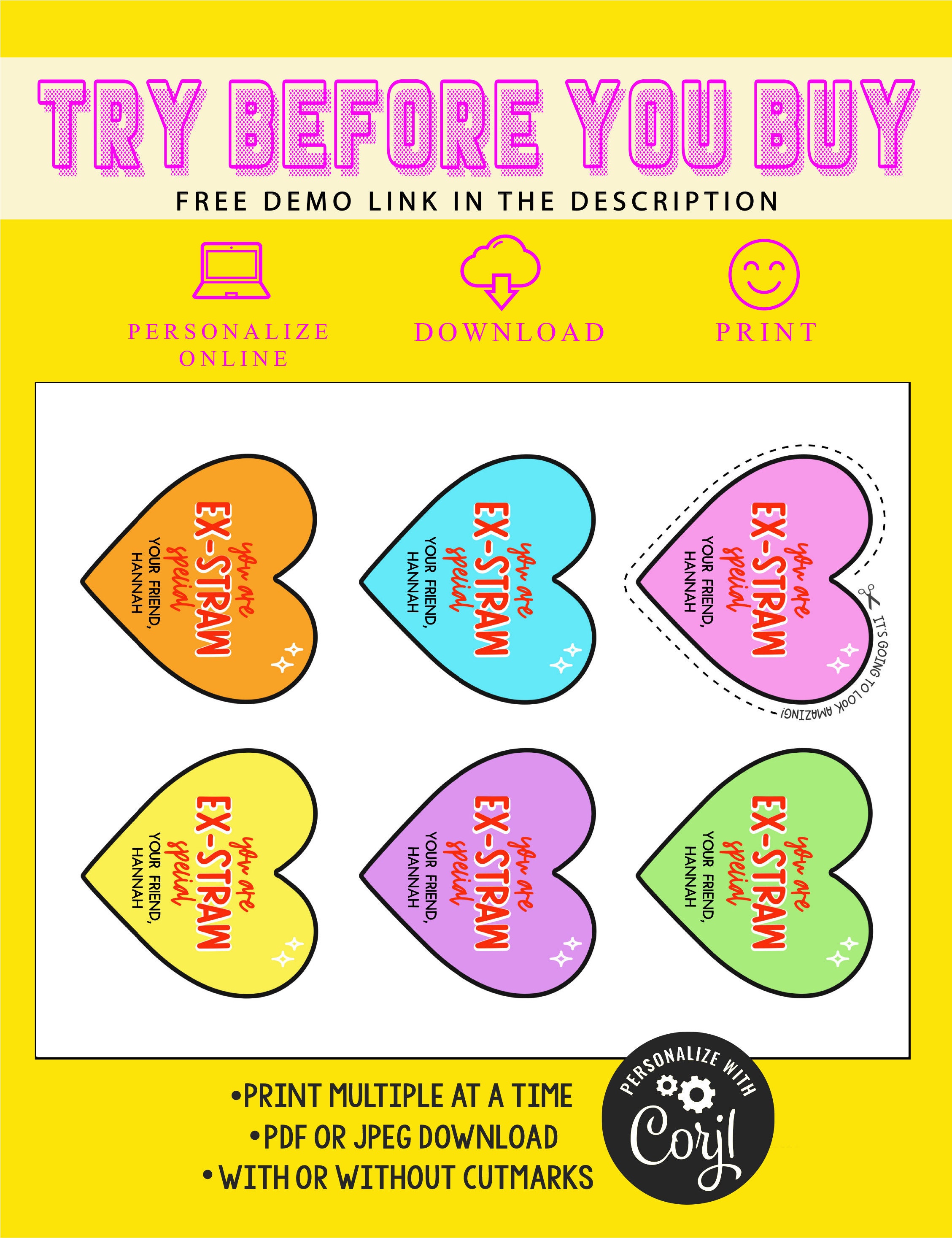 Editable Crazy Straw Tags, Valentine Cards for Kids School, You're Ex ...