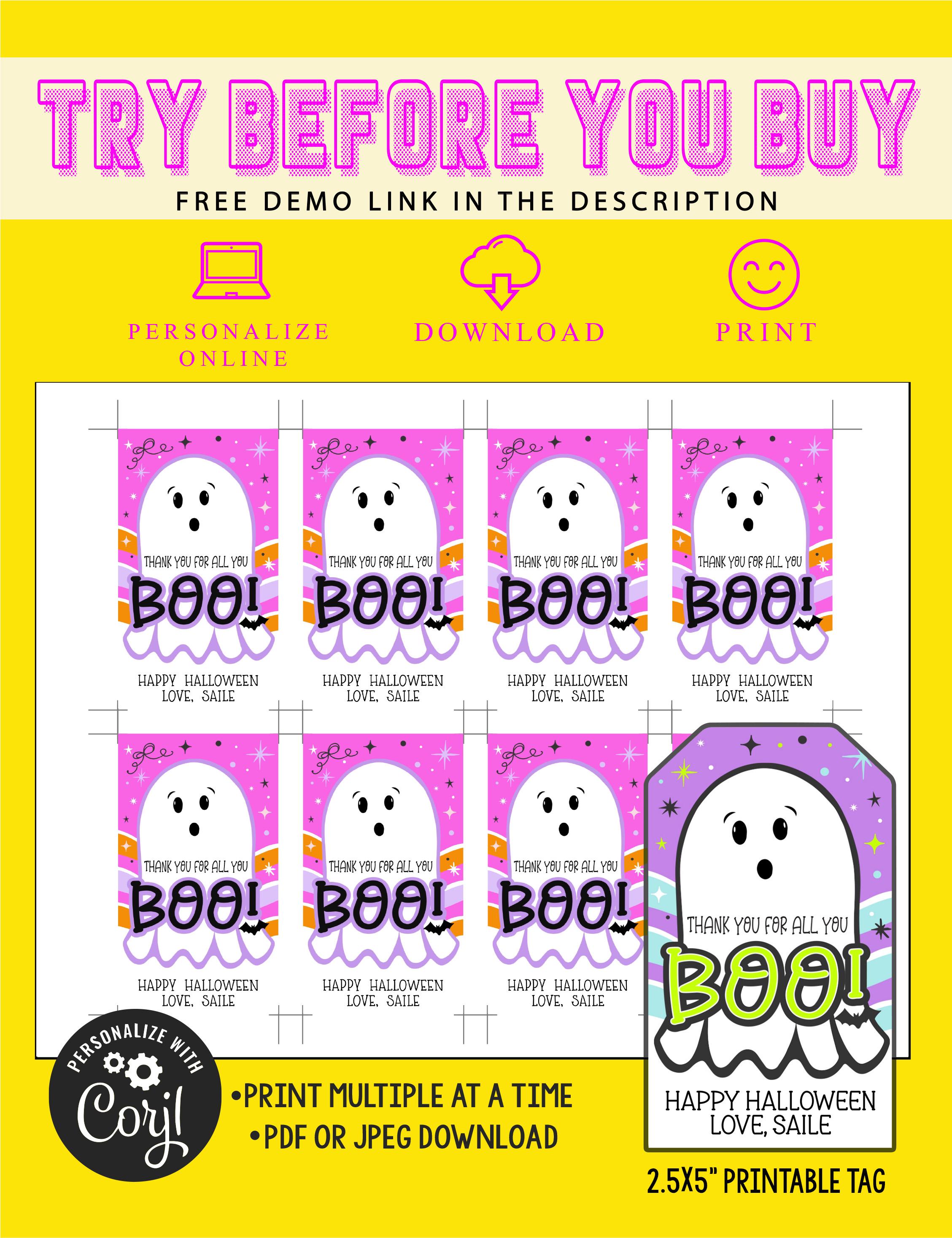Printable Halloween Gift Tag Thank You for All You Boo Digital Tags ...