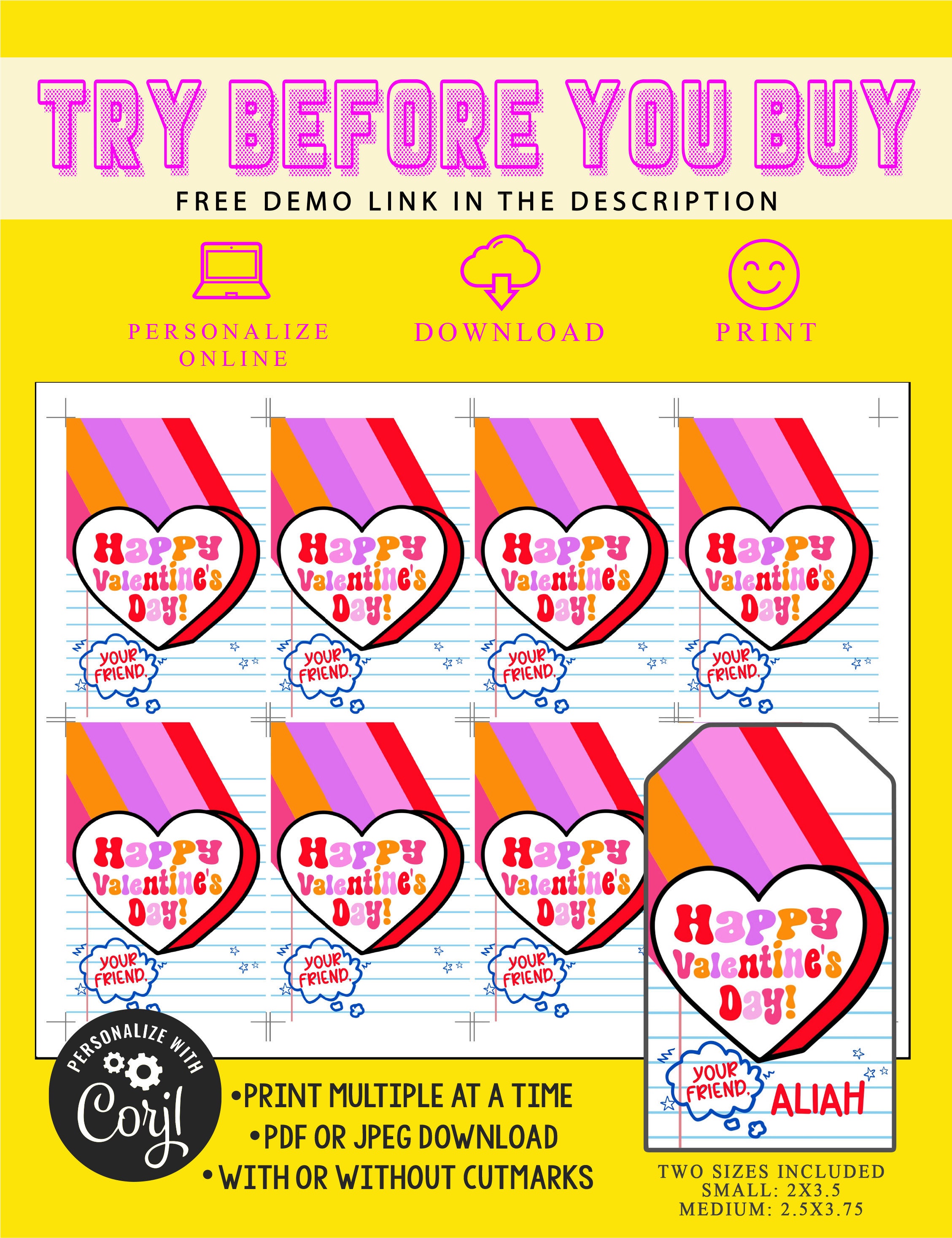 Hearts Valentine's Day Tag Editable Classroom Hearts School Tag ...