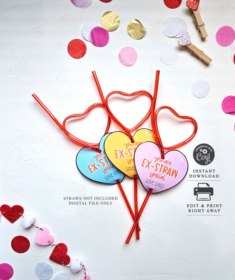 Editable Crazy Straw Tags, Valentine Cards for Kids School, You're Ex ...