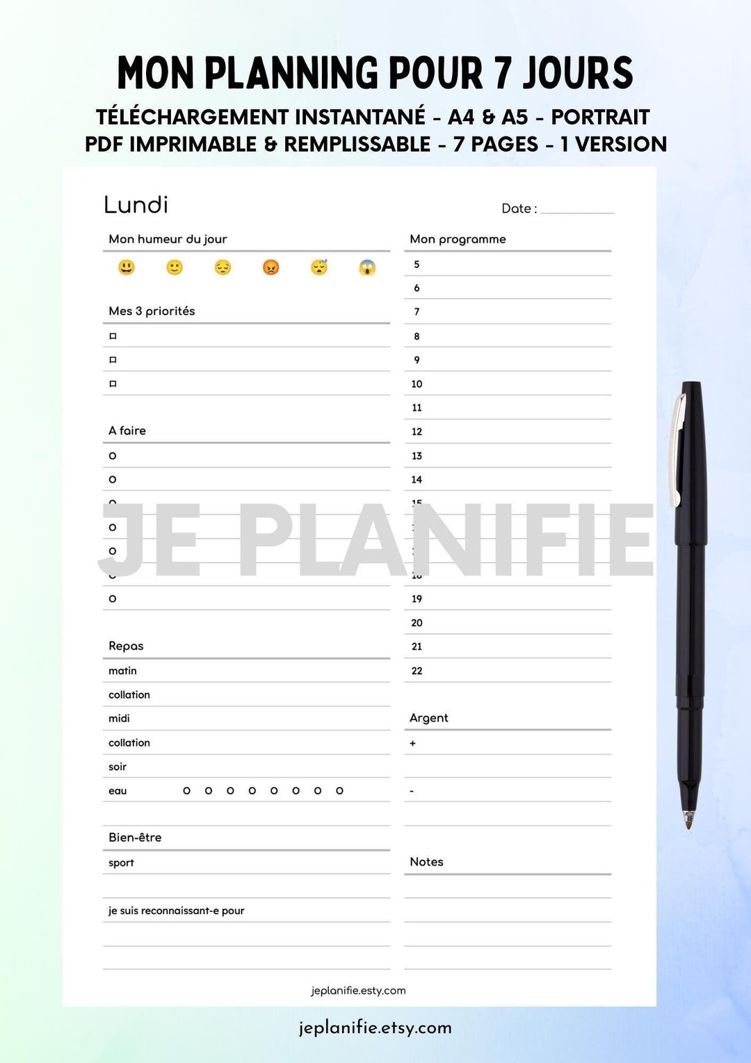 7 Day Daily Planner, Fillable Printable Minimalist, Pdf Immediate ...