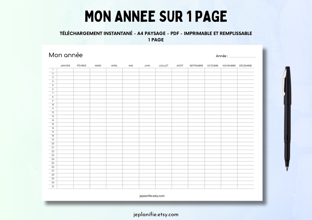 My Year at a Glance, Annual Planner on 1 Landscape Page, A4 Blank Pdf ...