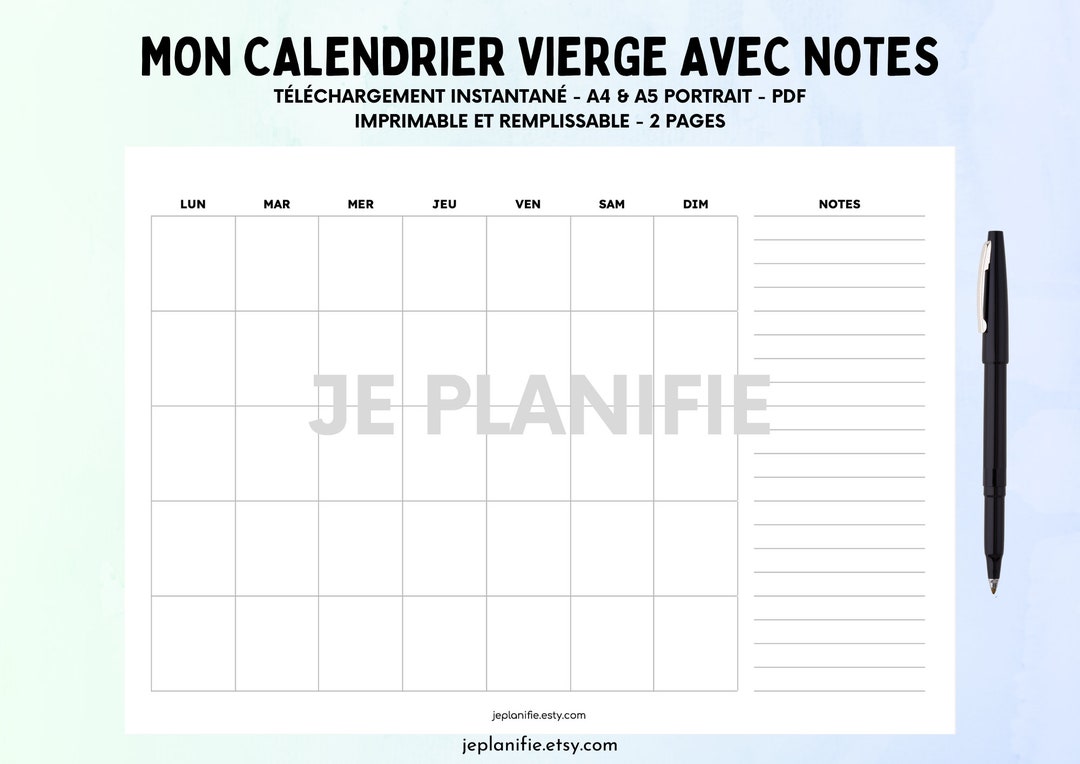 Blank Monthly Calendar With Notes, Printable and Fillable Template ...