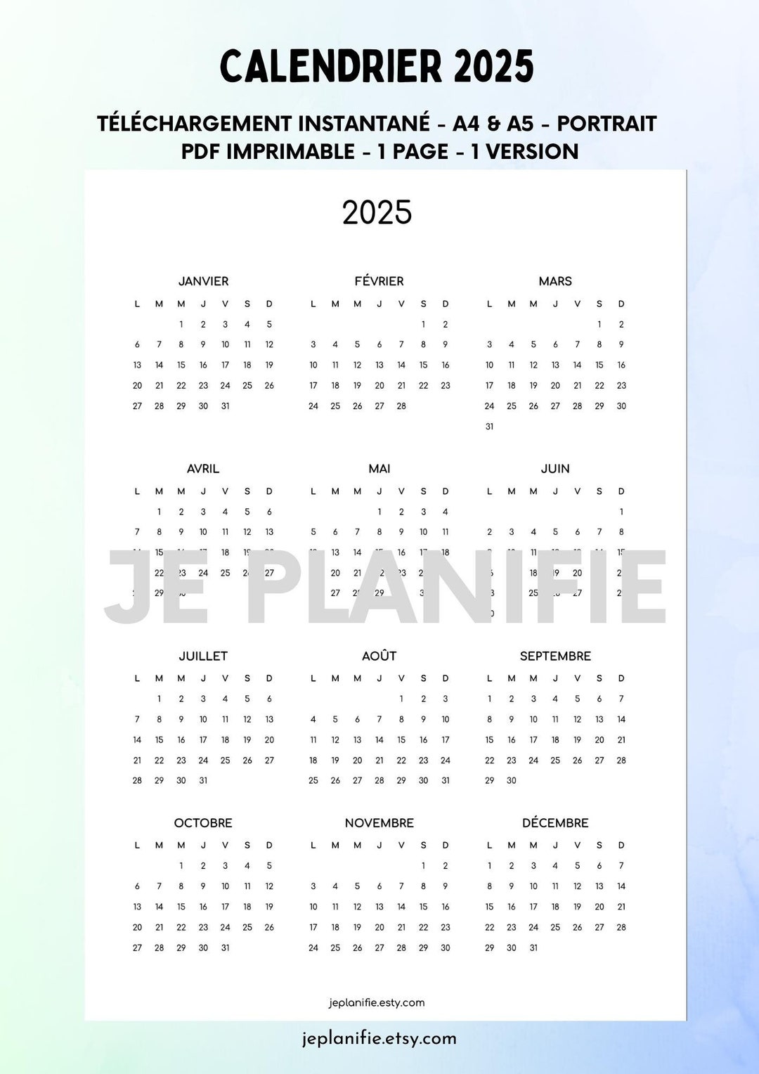 2025 Calendar Printable, Yearly Wall Calendar, Office, Minimalist, A4 ...