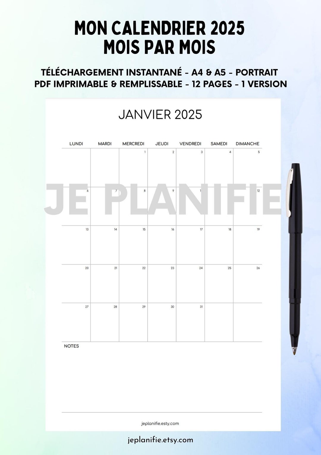 2025 Monthly Calendar With Notes, Printable Template, Minimalist, Every ...