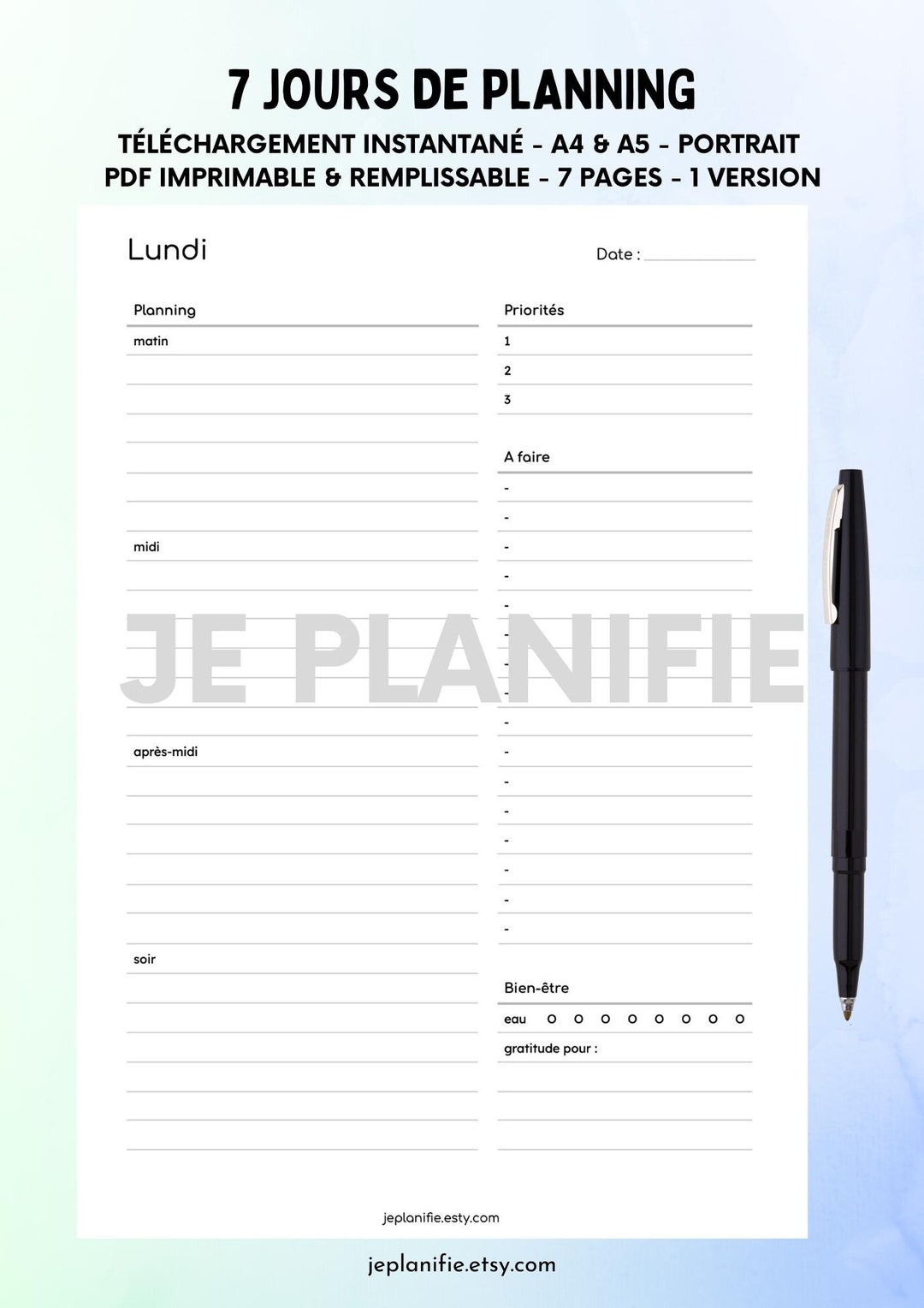 7 Day Daily Planner Printable Fillable Minimalist, PDF Instant Download ...
