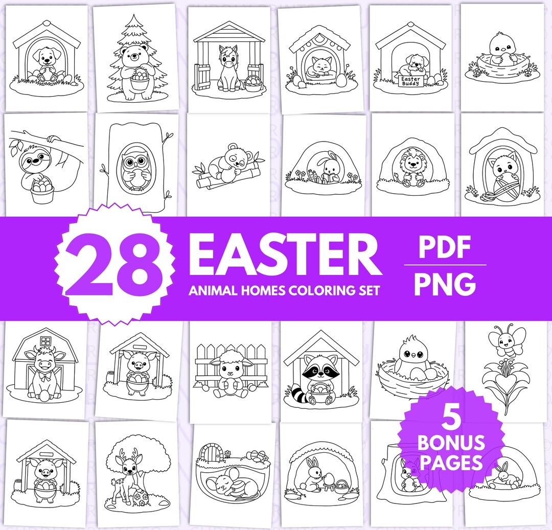 Easter Coloring Pages for Kids, Cute Animal Homes Easter Celebration ...