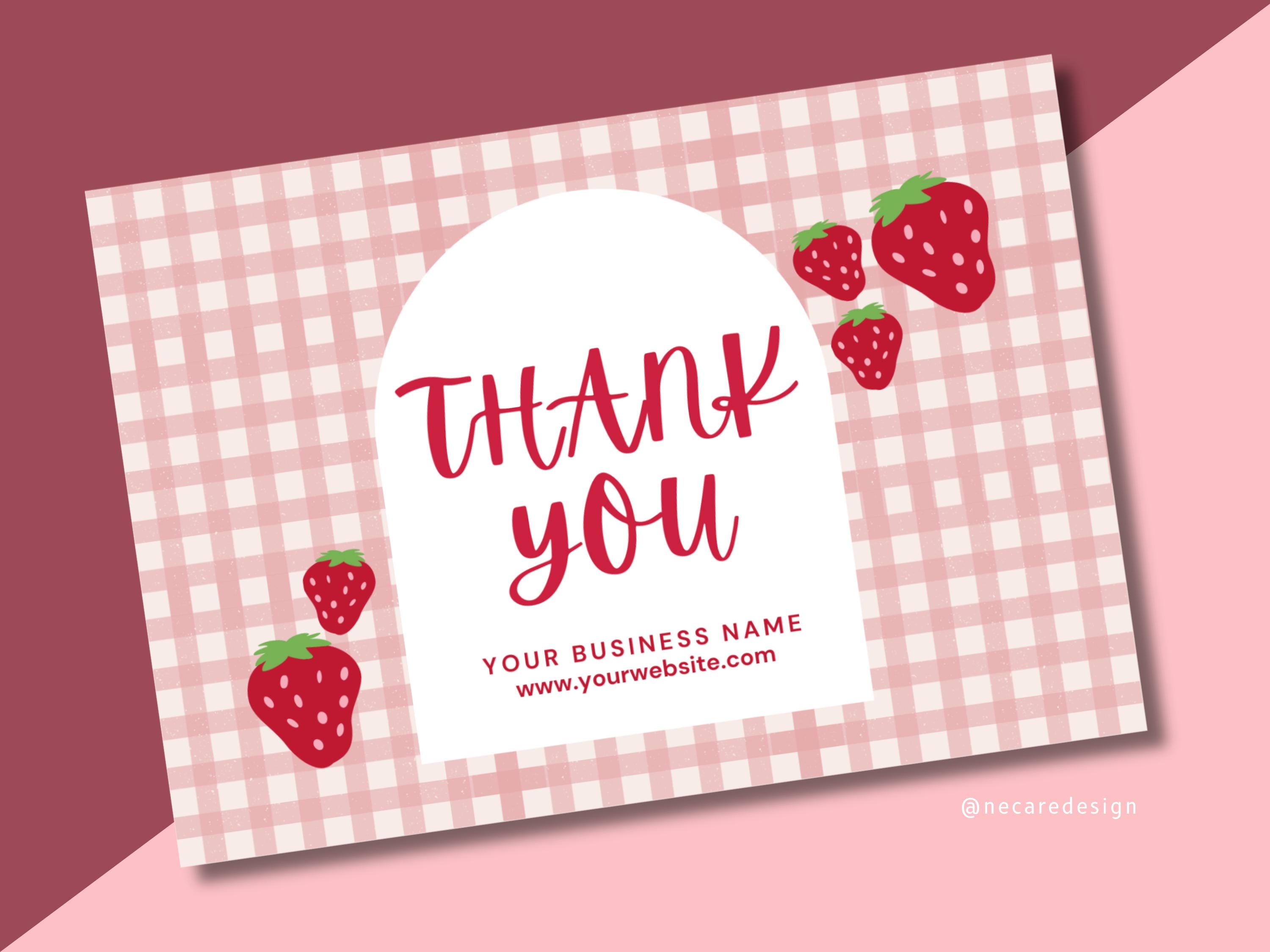 Strawberry Thank You Card Template Editable Business Card Canva Etsy