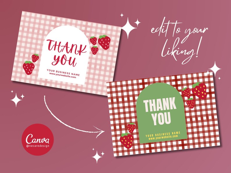 Strawberry Thank You Card Template Editable Business Card Canva Etsy