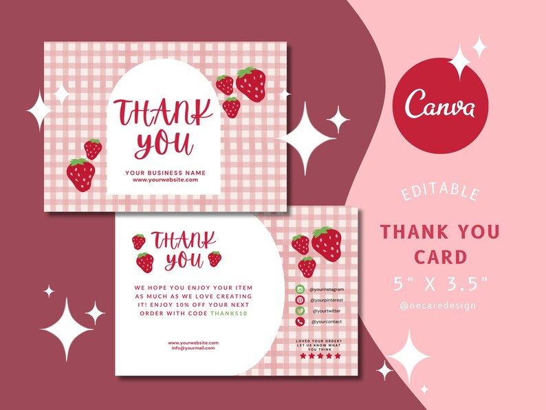 Strawberry Thank You Card Template Editable Business Card Canva Etsy